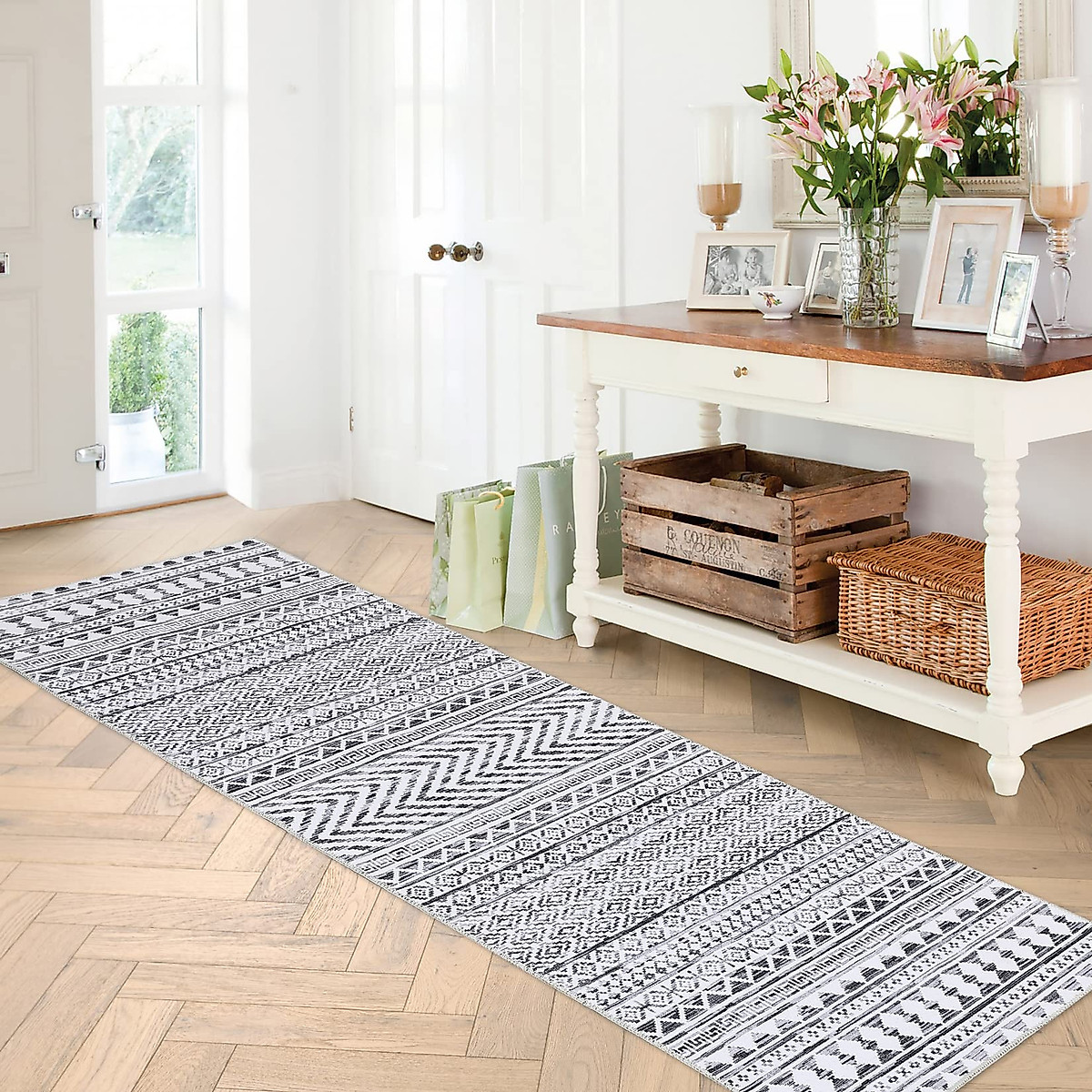 RUGSREAL 2' x 12' Runner Rug Extra Long Hallway Runner Rug Washable Indoor Runner Rug Non-Slip Boho Kitchen Runner Rug Geometric Runner for Living Room Bedroom Laundry, Grey 2'x12'