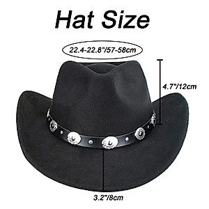 Classic Western Cowboy Hat for Women and Men Roll Up Wide Brim Felt Fedora Hats Cowgirl Hat with Belt Buckle Black