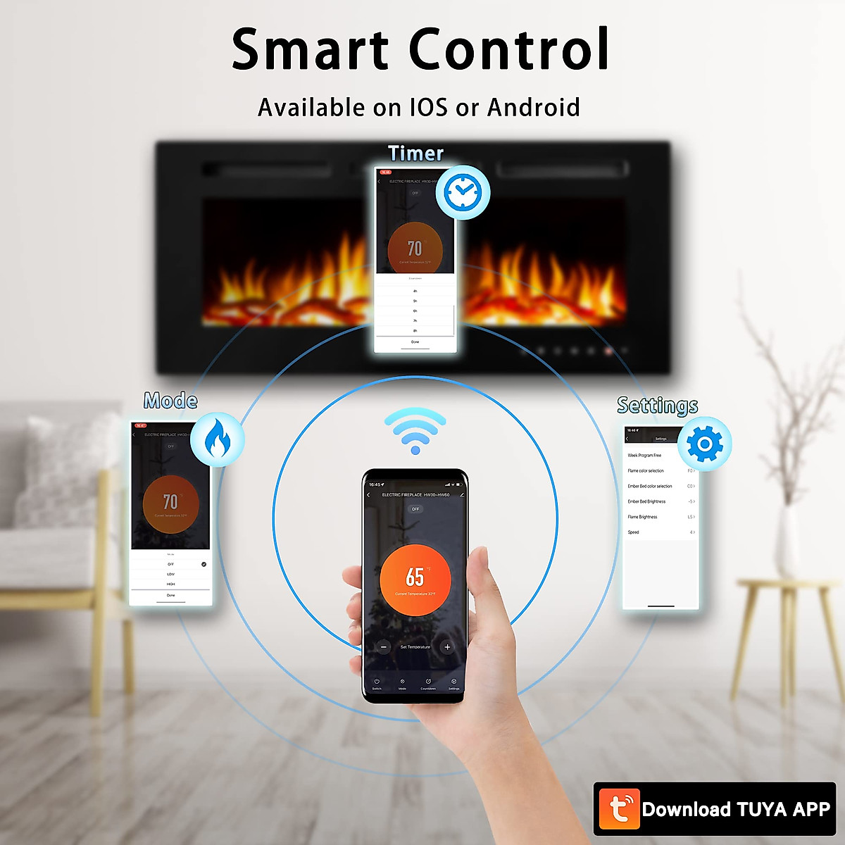 SUNNY FLAME 42" Electric Fireplace with Wi-Fi/Remote Control Wall Mounted and Recessed, Low Noise Fireplace with Timer, Touch Screen, Adjustable Flame Color and Speed, 750W/1500W, Log Set & Crystal