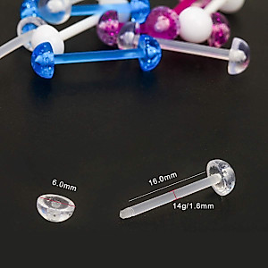 CrazyPiercing 5Pair Acrylic Tongue Rings 14G Flexible Glitter Half Ball Tongue Barbell Retainer Body Piercing Jewelry Bar Length 16mm