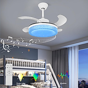 HOREVO Retractable ceiling fans with lights and Bluetooth speaker 42 Inch Fandelier Invisible Blades Chandelier Fan Color Changing Dimmable Hidden Bluetooth Ceiling Fan with lights with remote