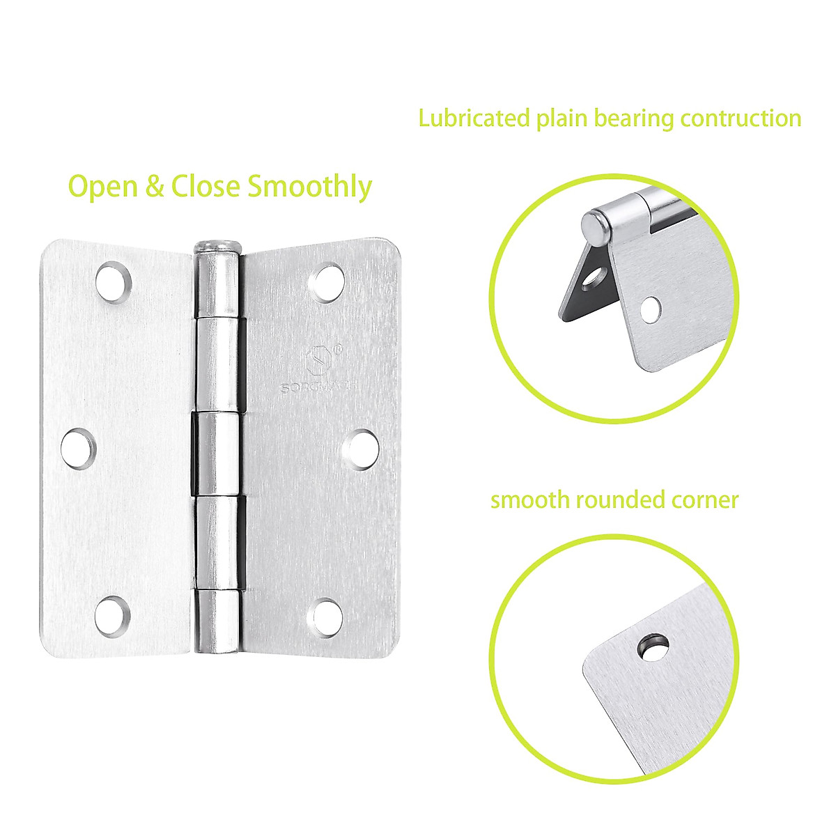 Door Hinge 3 1/2 Inch Interior Door Hinges Satin Nickel 3.5 Inch Interior Hinges 1/4" Radius Flat Iron Hinge 3 ½"x 3 ½" Door Hardware - 3 Pieces