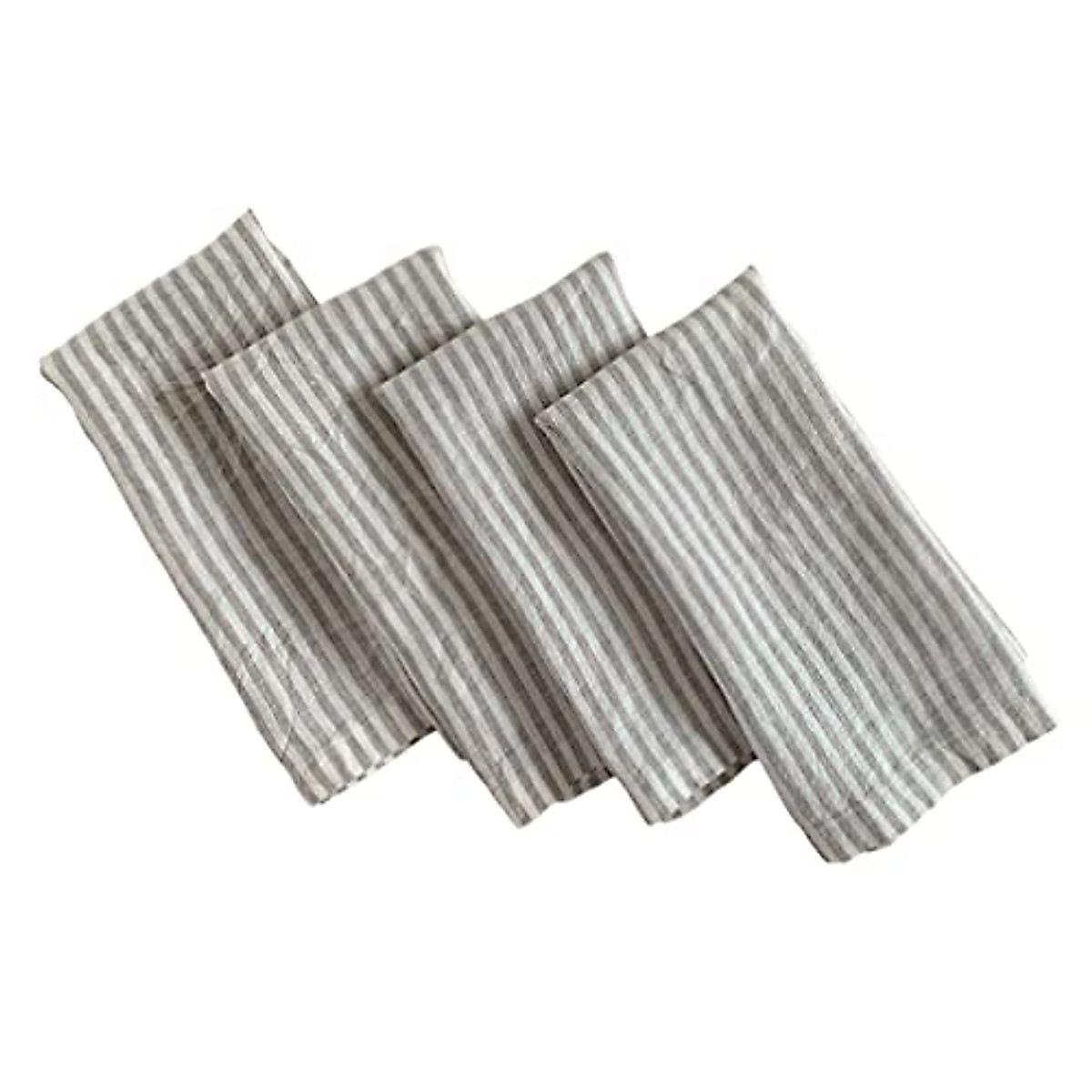 Linen Napkins – 100% French Flax – Stonewashed Pure Linen Cloth Napkins – Mitered Corners – Set of 4 (Gray/White Stripe)
