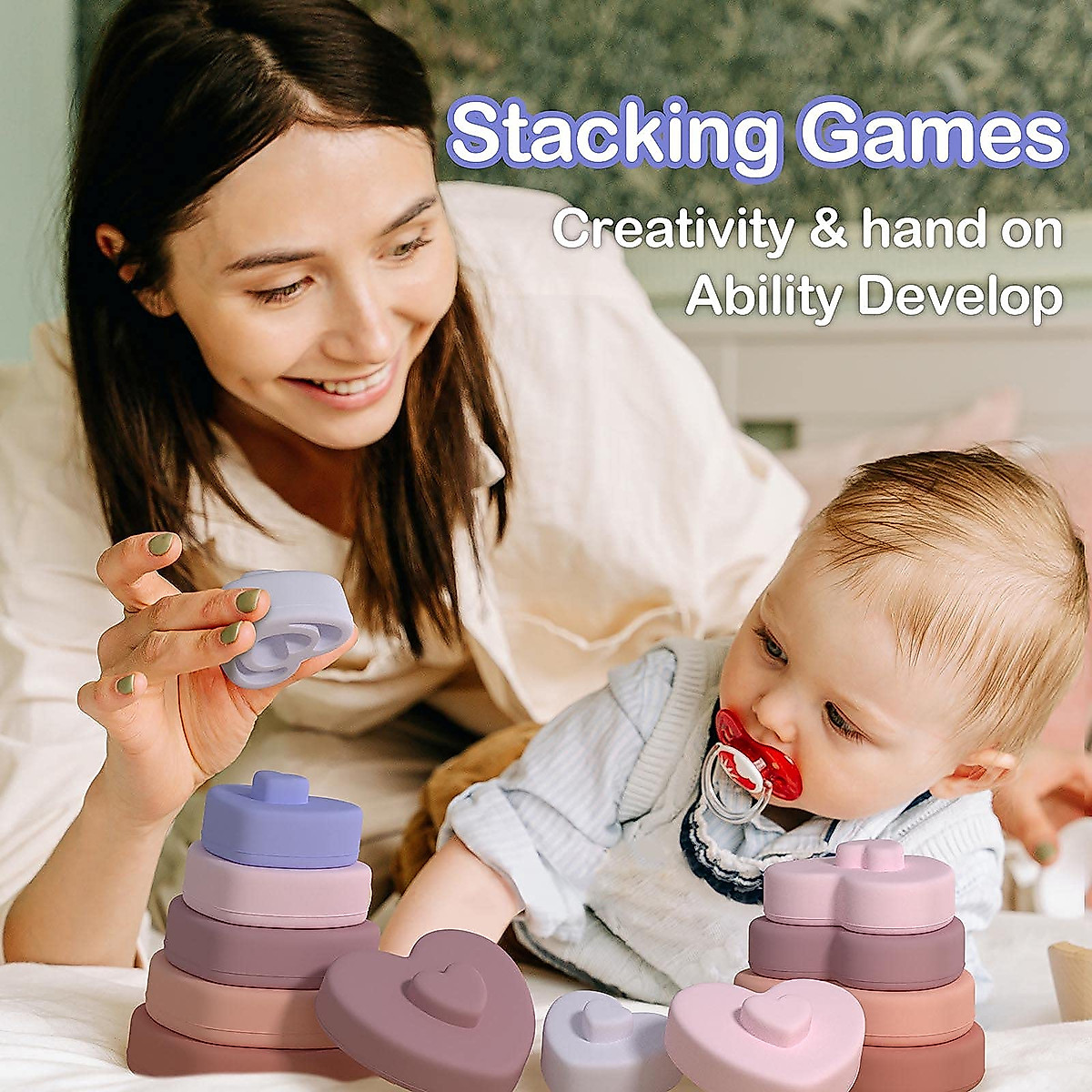 Baby Silicone Stacking & Nesting Toys, Christmas 6 pcs Heart Building Stacker Blocks Tower, Soft Chew Natural Teether Montessori Toys, 6+ Months Toddler Boys & Girls Early Education Learning