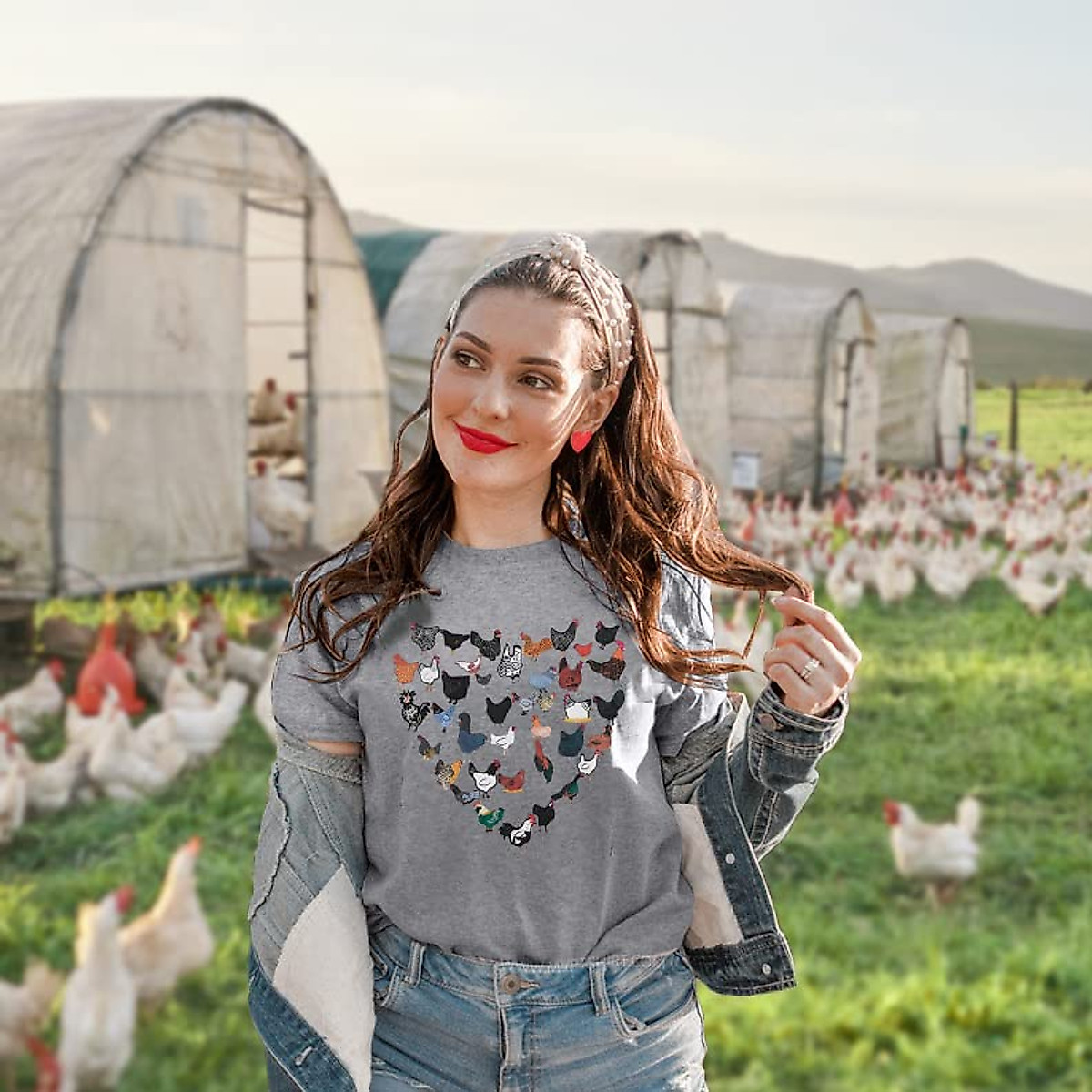 Chicken Shirt Women Funny Chicken Lovers T Shirt Egg Dealer Tee Tops Farm Country Graphic Short Sleeve Tee Grey
