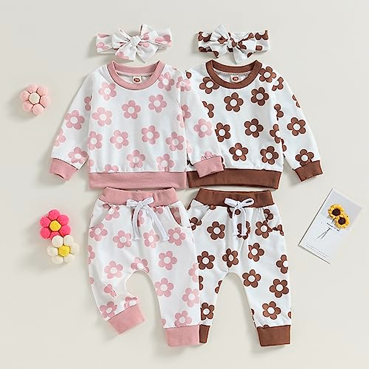 Douhoow Infant Baby Fall Outfit Baby Girl Flowers Sweatshirt Drawstring Pants Baby Girl Clothes Set (Pink, 0-6 Months)