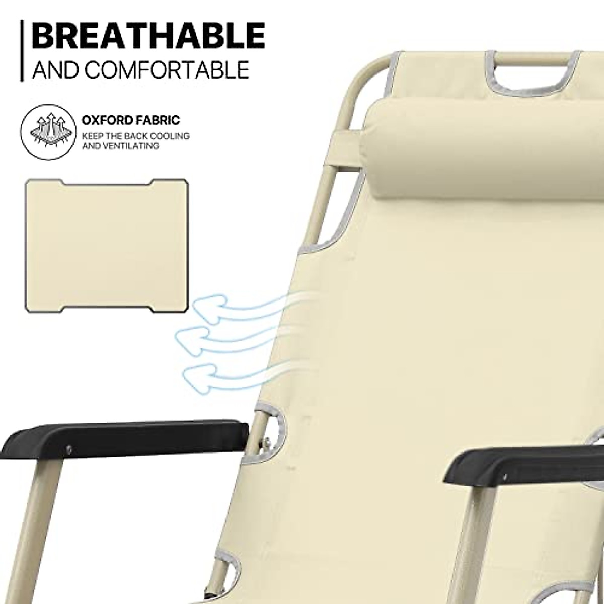 MoNiBloom Folding Beach Lounge Chair, Fixed 135° Angles Patio Outdoor Furniture Camping Pool Side Beach Lawn Lounger Chair with Adjustable Headrest for Lawn Backyard, 330lbs Capacity