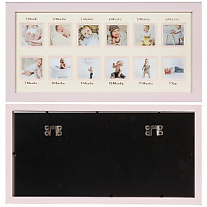 WOOD SIDE ORBIS First Year Newborn Baby Collage Keepsake Picture Frame for Photo Memories with Double Beige Mat and Twelve 2.5x2.5 Slots - Pink