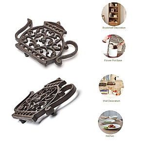 LECUNE Cast Iron Trivets for Hot Dishes - Rustproof Tea Pot Black Trivet - Decorative Cast Iron Trivet for Kitchen Or Dining Table with Rubber Pegs