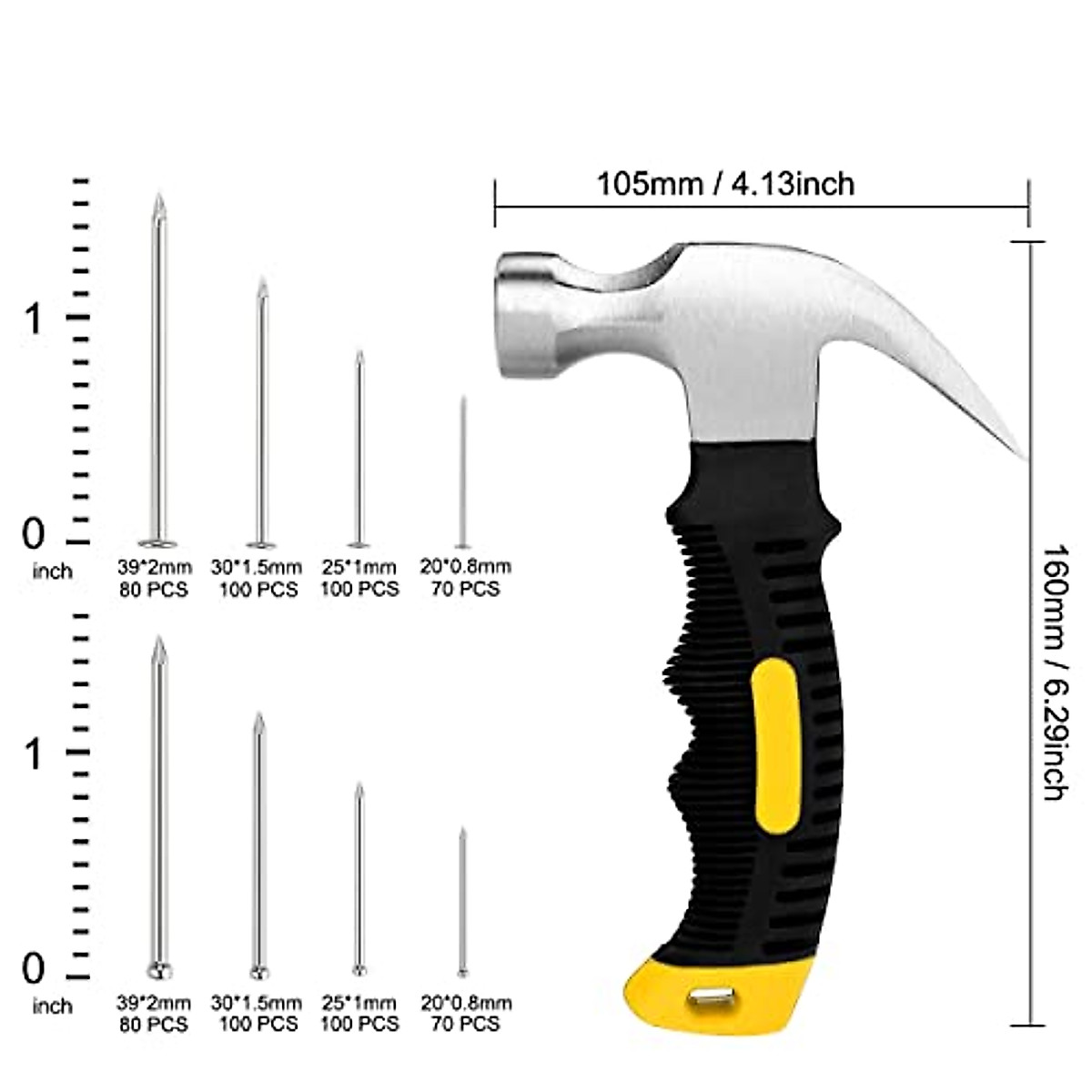 KURUI 700PCs Small Nails for Hanging Pictures Assortment Kit & 8oz Small Hammer, Mini Hammer Set with Hardware Nails Assorted Set, 280 Wall Nails & 280 Finishing Nails