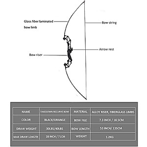 Toparchery Archery Takedown Recurve Bow Hunting Long bow Set Alloy Riser - Right Hand Black - Draw Weight 30lbs 40lbs - with Arrow Sight, Arrow Brush (Black, 40lbs)