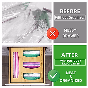POBIDOBY Storage Bag Organizer Ziplock Bag Storage Baggie Organizer Dispenser for Kitchen Drawer with 4pcs Hooks, Bamboo Organizer Compatible with Gallon, Quart, Sandwich & Snack Variety Size Bags