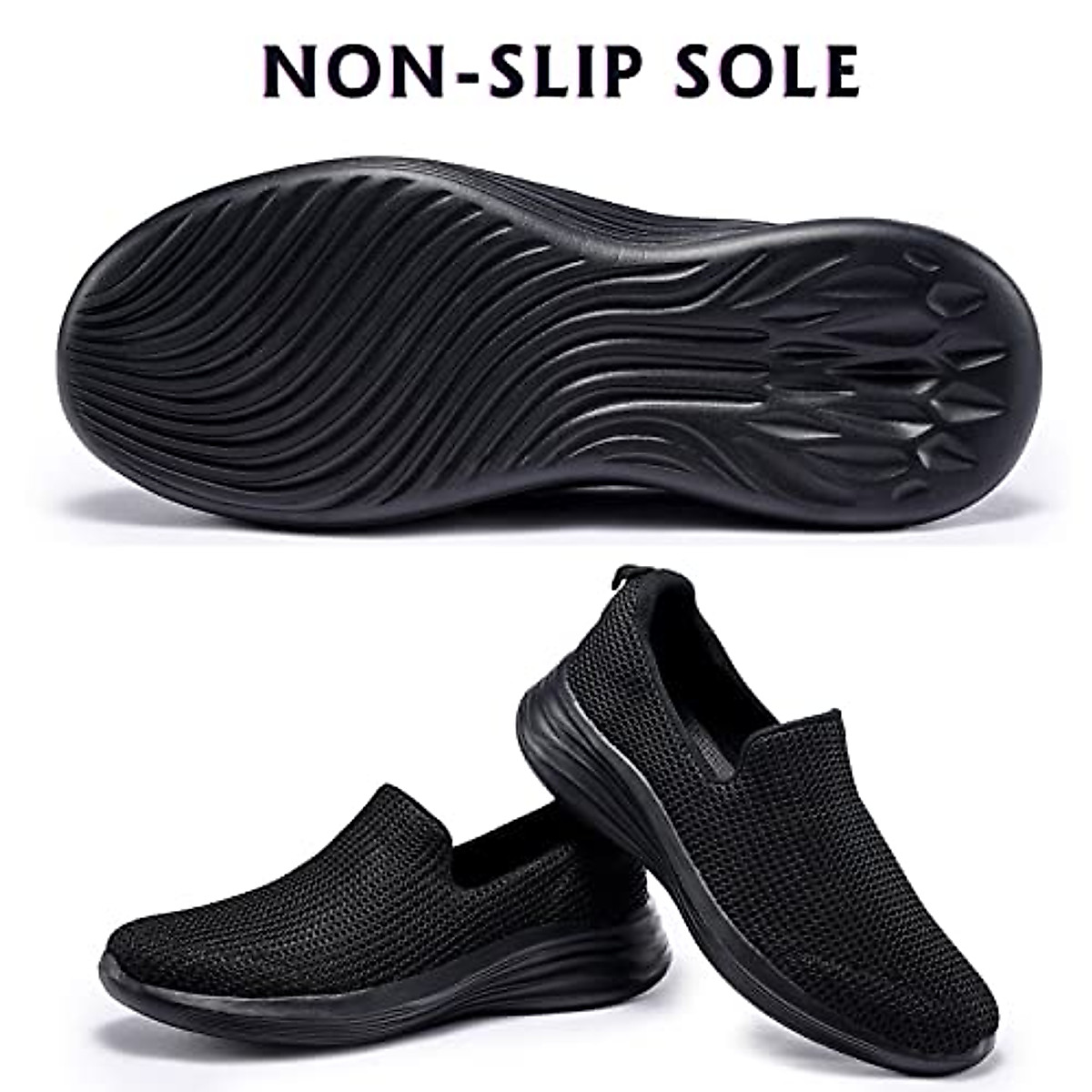 Womens Walking Shoes Breathable Mesh Loafers Lightweight Slip-on Sneakers Non Slip Casual Shoes, All Black, Size 8