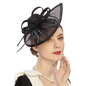Pillbox Hats 20s 50s Vintage Fascinators for Women with Feather Mesh Veil Headband Bridal Wedding Tea Party (F-Black)