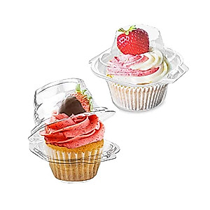 LOKQING 50 Pcs Cupcake Boxes Plastic Individual Cupcake Containers Single Cupcake Carrier with Connected Airtight Dome Lid for Party