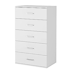 TTVIEW 5 Drawer Dresser Chest, Freestanding Dresser Storage Tower with Metal Handles, White Storage Cabinet for Living Room, Kitchen, Entryway, Closet