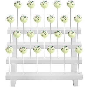 WUWEOT Cake Pop Stand Riser, 22 Holes Wooden Lollipop Holder, 4 Tier White Candy Sucker Display Shelf for Dessert Table of Wedding, Shower, Birthday Party