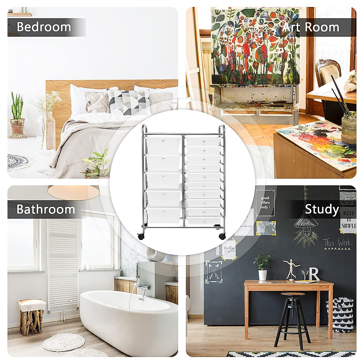 Aurcs 15-Drawer Rolling Storage Cart, Tools Scrapbook Paper Organizer w/ Removable Drawers & Universal Wheels, Multipurpose Lightweight Cart for Supermarket, School, Office, Home (Clear)