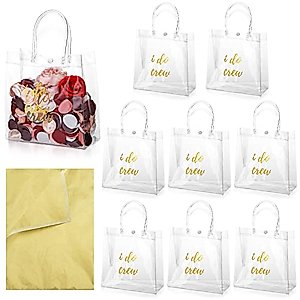 Queekay 8 Pcs Clear Gift Bags with Handle I Do Crew Bachelorette Bags Bridesmaid Gift Bags with Tissue Paper Transparent PVC Reusable Plastic Gift Bags Bulk for Wedding Day Bridal Party Shower Gifts