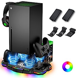 Cooling Fan Charging Stand for Xbox Series X Console and Controller - Vertical Cooler System & Charger Station with 15 RGB Light Modes, 2 Batteries and 3 Holders for Xbox Series X Accessories Storage