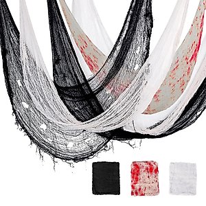 3Pcs Halloween Creepy Cloth 144x31 Inches Spooky Halloween Gauze Cheesecloth Halloween Party Decorations Supplies Indoor Outdoor Wall Yard Patio Decor(Black, White, Blood Red)