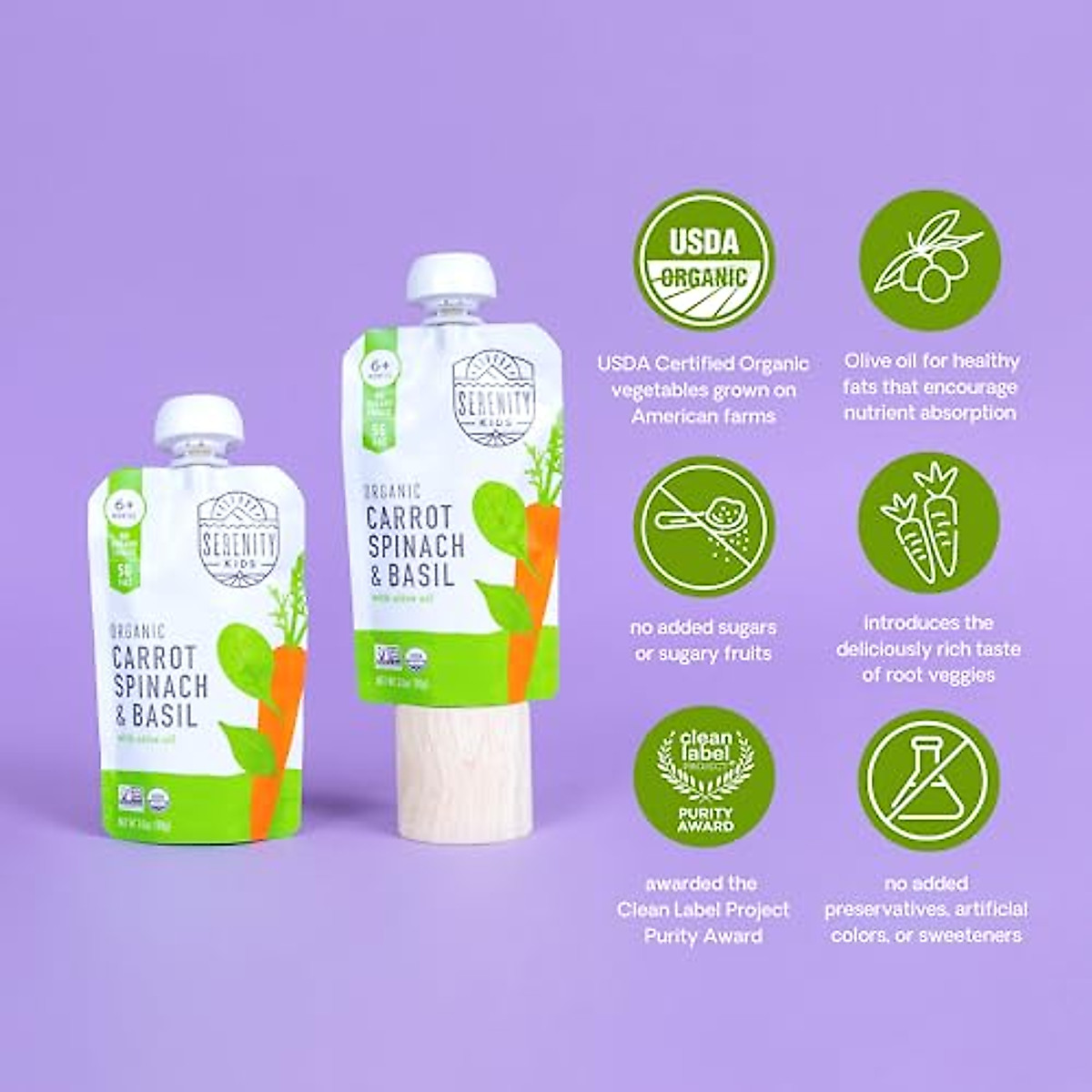 Serenity Kids 6+ Months Certified Organic Baby Food Pouches Veggie Puree | No Sugary Fruits or Added Sugar | Allergen Free | 3.5 Ounce BPA-Free Pouch | Garden Veggie Variety Pack | 6 Count