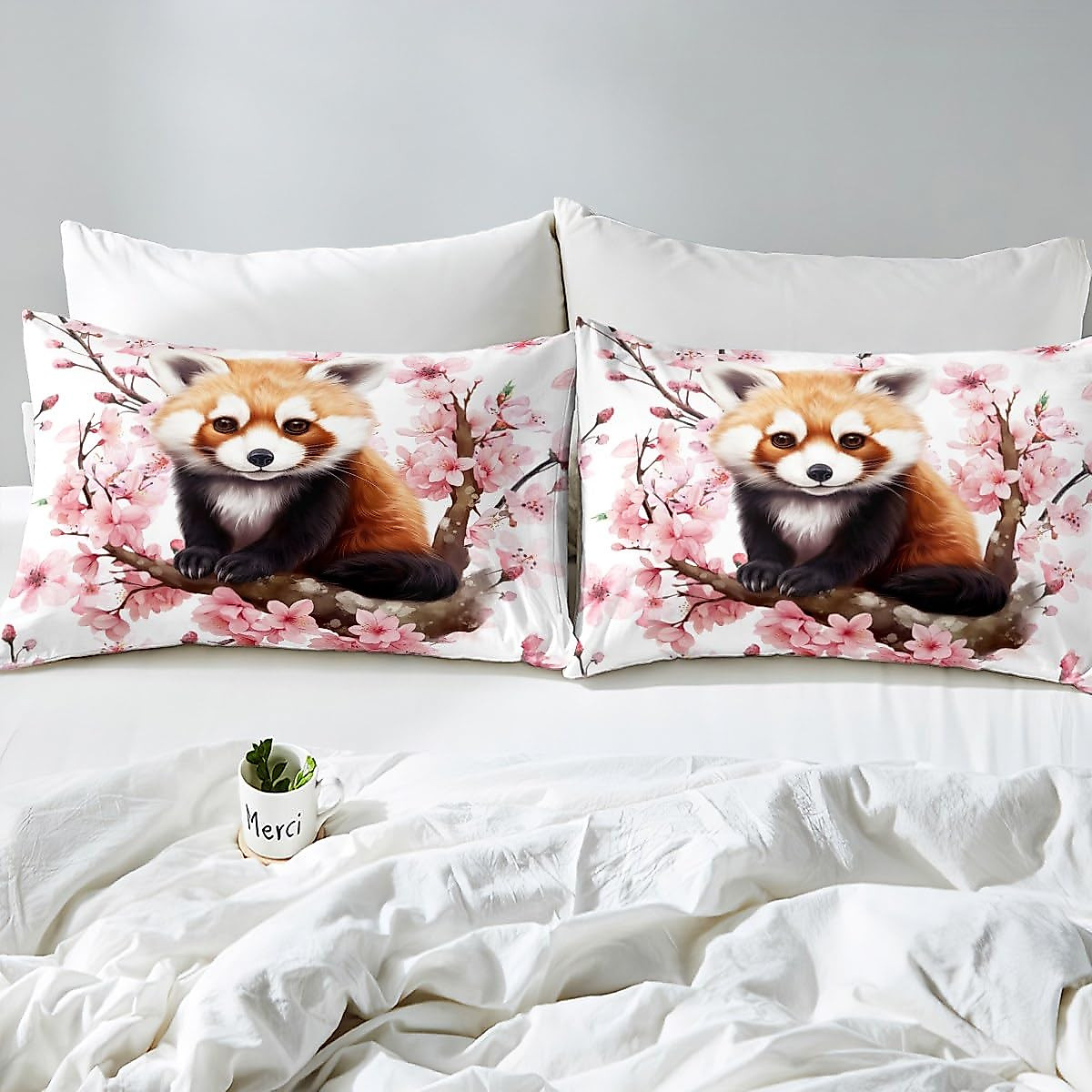 Manfei Red Panda Kawaii Bedding Set Twin Size,Pink Cherry Blossom Spring Blooming Floral Duvet Cover with 1 Pillow Comforter Cover(No Filler) for Kids,Cute Wild Animal Nature Quilt Cover Set 2 Pcs