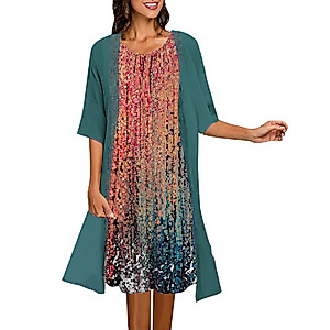 Cnebo A Line Dresses for Women Ladies Summer Two Piece Dress 3D Digital Printing Fashion Outer Dress Navy