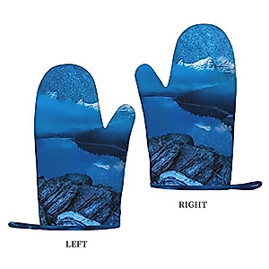 Moraine Lake in A Starry Winter Night Printed Silicone Anti-Scald Gloves, Oven Mitts, Used for Cooking, Grilling, Kitchen Oven Gloves.
