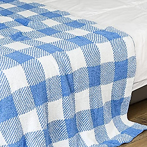 Buffalo Plaid Throw Blanket for Couch Sofa Bed Soft Cozy Fleece Warm Blue and White Checker Plaid Pattern Decorative Lightweight Fluffy Microfiber Checkered Blankets for All Seasons 50''x60''