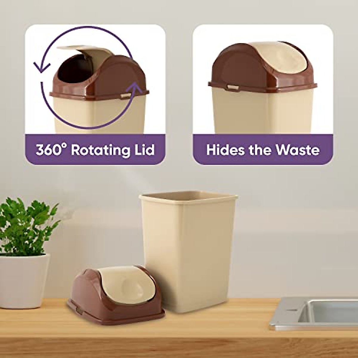 Superio Mini Plastic Trash Can with Swing Top Lid 1.25 Gallon Compact Small Waste Bin Portable Garbage Can for Countertop, Desktop, Make up Vanity, Bathroom, Car, Under Sink, Dorm, 5 Quart (Beige/Brown, 3)