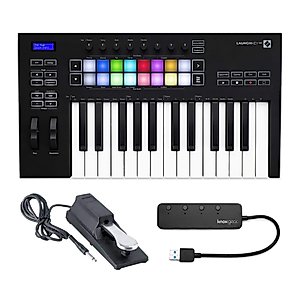 Novation Launchkey 25 (MK3) 25 Full Size Key MIDI Keyboard Bundle with Sustain Pedal and 4-Port USB 3.0 Hub (3 Items)