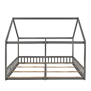 Merax Double Twin Kids House Shaped Low Platform Beds, Wood Floor Bed Frame for Boys, Girls, No Box Spring Needed Easy Assemble (Twin,Grey