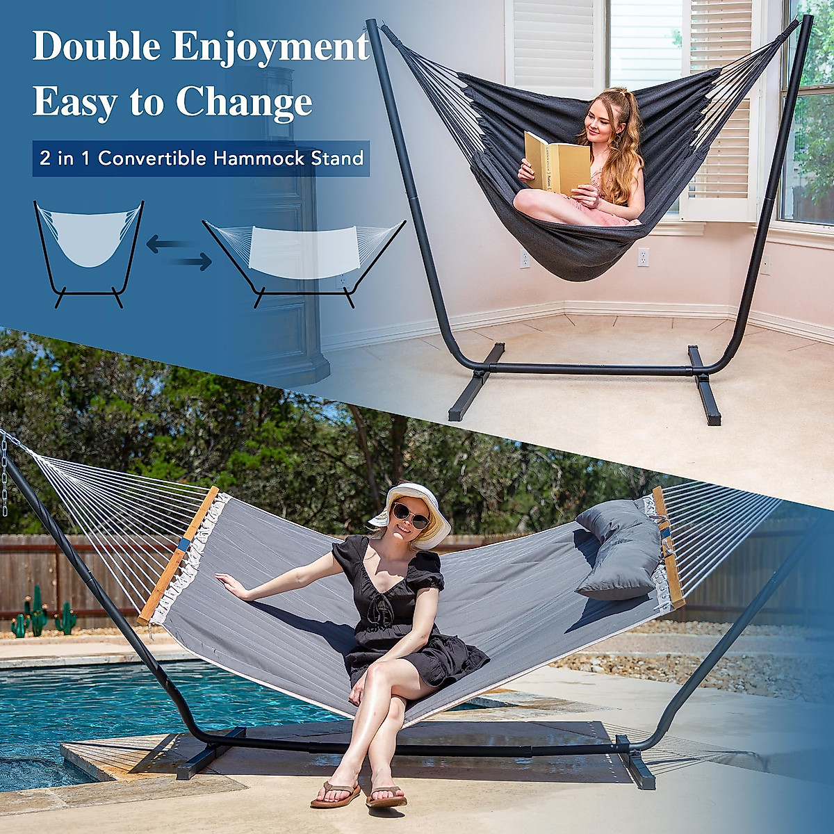 SUNCREAT 2-in-1 Outdoor Patio Hammock with Stand, Large Fluffy Pillow, Free Standing Double Hammock, Patent Pending, Dark Gray