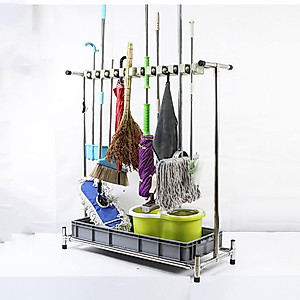 DHWDPO Broom And Mop Holder Put Wet Mops,Movable Commercial Mop Rack, Floor-Mounted Stainless Steel Mop Rack, Umbrella Stand,Garden Tool Storage,with Tray,for Garage,Schools,Factories