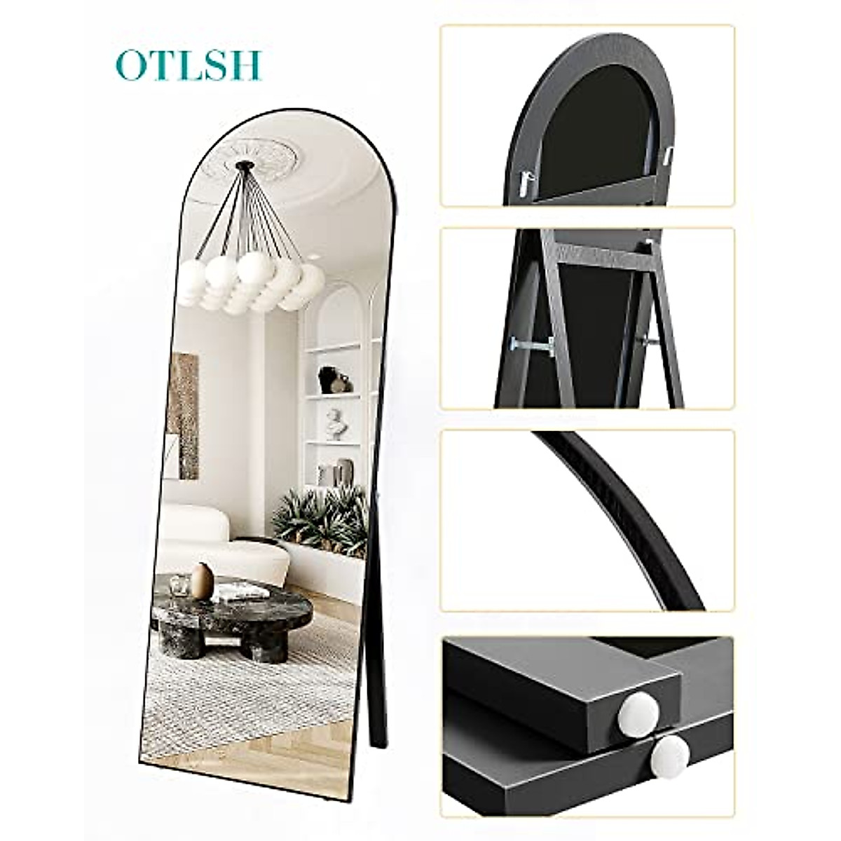 Otlsh Full Length Mirror, 64.2"×21.3" Arched Floor Mirror with Stand, Standing Mirror, Full Body Mirror, Large Mirror, Arched Wall Mirror, Freestanding, Wood Frame - Black