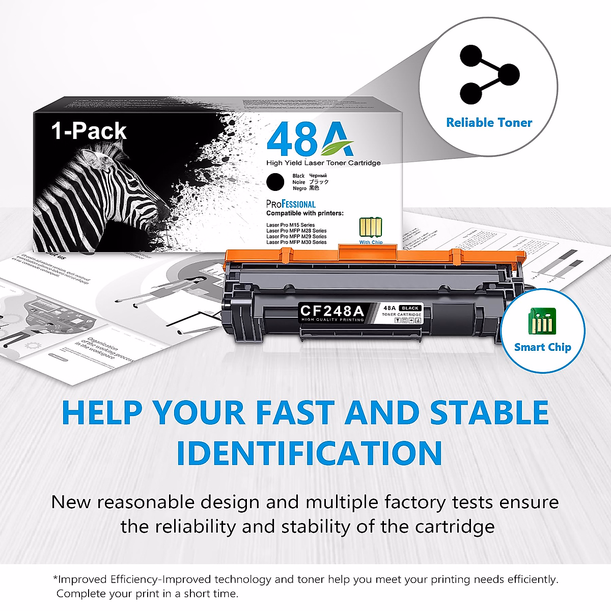 48A Toner Cartridge Black 1-Pack (with Chip) Replacement for HP48A Toner Black Cartridge 48A CF248A Toner Cartridge to use with Laser Pro M15a, M15w; MFP M28a, M29w; MFP M30w, M31w Printer Ink