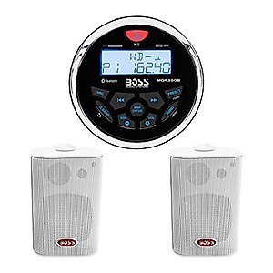BOSS Audio Systems MGR350B Marine Gauge Receiver - Bluetooth, Digital Media MP3 Player + MR4.3W 200-Watt 3 Way Marine 4-Inch Enclosed System Speakers.