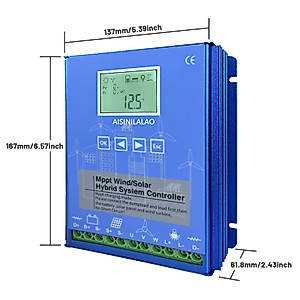 AISINILALAO Wind Solar Hybrid Charge Controller, 3000W 12V/24V/48V Wind Solar MPPT Charge Boost Controller with LCD Display Universal for Off Grid Wind Solar Hybrid System(Blue),48v