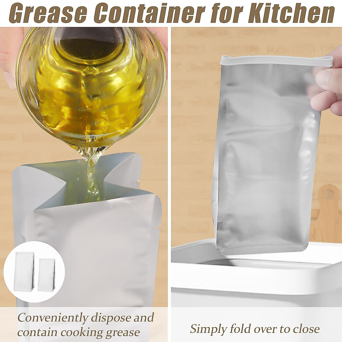 Droutti 20 Pcs Disposable Grease Storage Bags 11/9 inch Foil Grease Disposal Container Food Storage Bags with Sealing Strips Replacement Grease Bags for Kitchen Cooking Hot Liquids Oils, silver