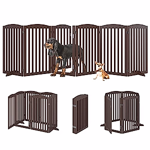 BHG No-Assembly Freestanding Dog Gate with Door, Extended Wide 120" Tall 36" Wooden Pet Gate, Accordion Folding Playpen Fence, 2PCS Support Feet Included, for The House - Espresso