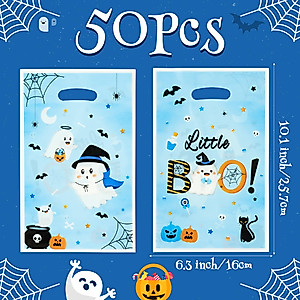 Haooryx Bule Little Boo Favor Bags, 50Pcs Halloween Little Ghost Plastic Gift Bag Birthday Party Gift Warp Goodie Candy Treat Bags for Halloween Party Kids Boys Birthday Baby Shower Party Favor Supply
