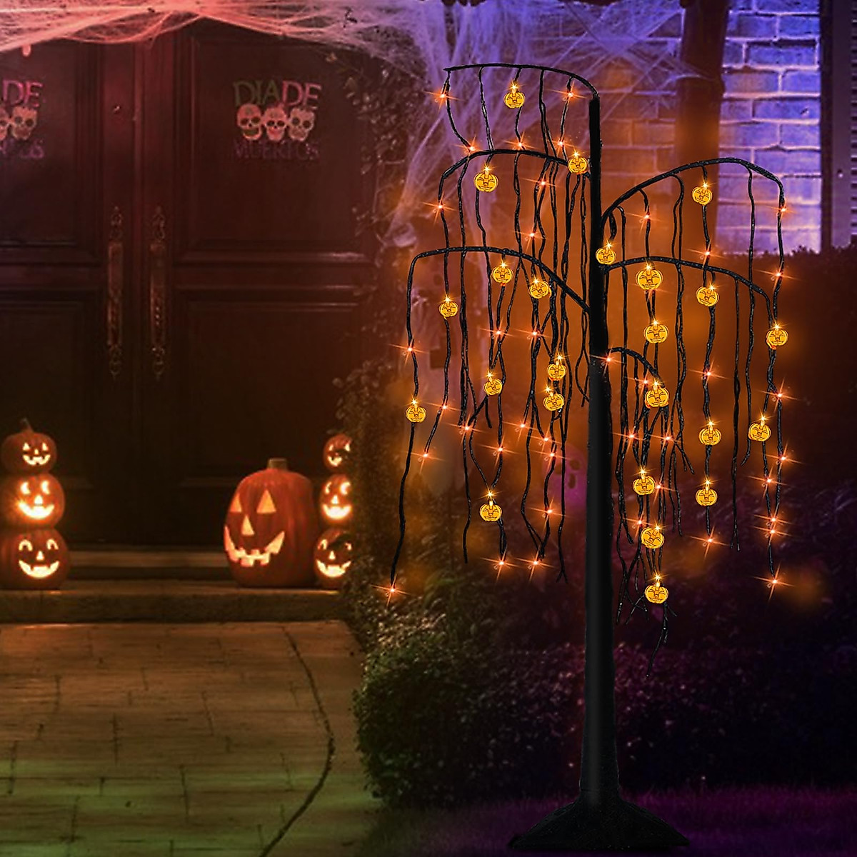 TURNMEON 5 Feet Lighted Halloween Tree Decor with Timer,108 LED Black Scary Willow Tree Purple Lighted 24 Spiders Ornaments Halloween Decorations Outdoor Indoor Holiday Home Yard Garden(Adapter/Timer)