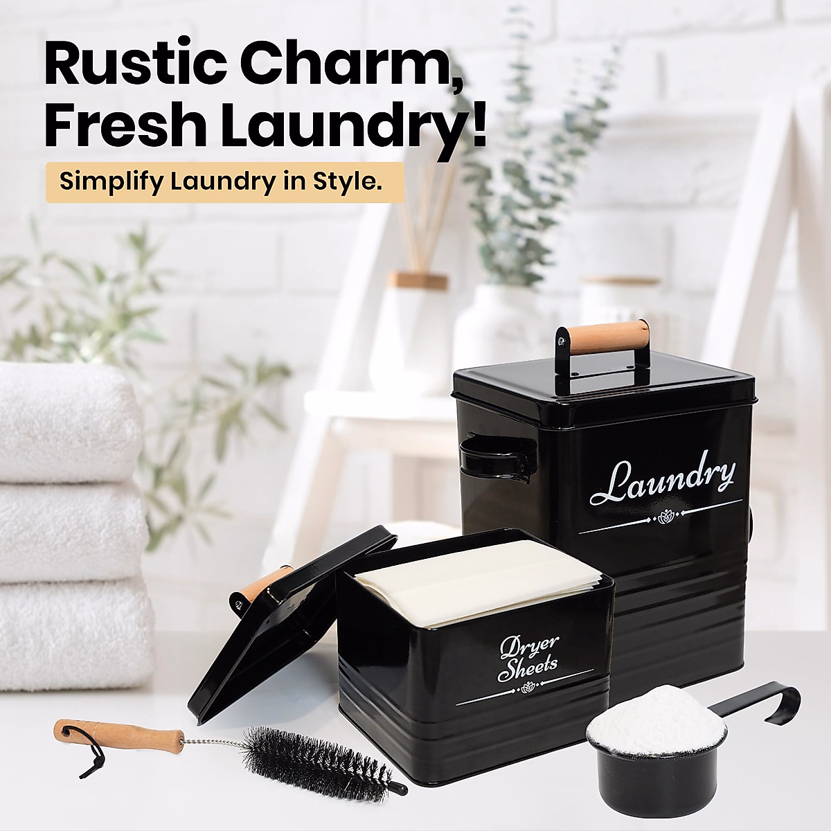 Farmhouse Metal Detergent Laundry Pods Container with Dryer Pod Sheet Holder for Laundry Room Organization and Storage with Scoop, Laundry Room Decor, Holds over 200 Laundry Pods and 300 Dryer Sheets