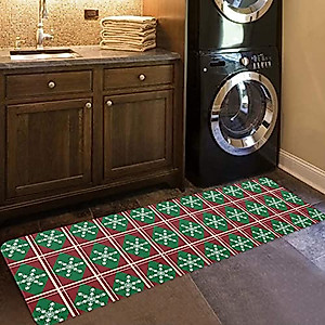 Kitchen Mat Rug 1 PCS Christmas Snowflake Red Green Diamond Plaid Runner Rug Anti-Fatigue Comfort Memory Foam Standing Mat Non-Slip Floor Door Mat for Bathroom Bedroom 18x47in