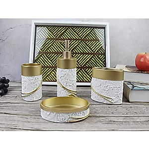 Hymmah Bathroom Accessories Set,Golden Design Toothbrush Holder,Farmhouse Bathroom Decor,4 Pcs Resin Gift Set Apartment Necessities, Contain Toothbrush Cup,Soap Dispenser,Soap Dish,Tumbler