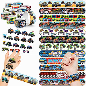 48PCS Monster Truck Party Favors - 24 Tattoos & 24 Slap Bracelets, Perfect for Big Car-Themed Birthdays, School Rewards, and Classroom Prizes for Boys & Girls