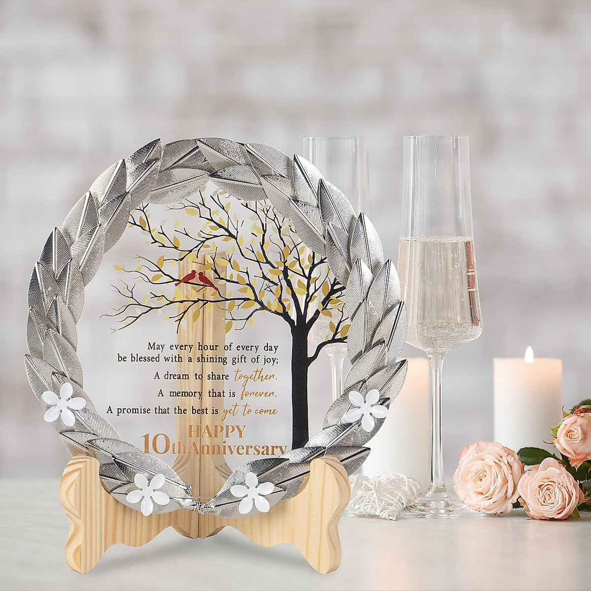10 Year Tin Anniversary Wedding Gifts Crystal Plate with Gold Leaf Wreath - 10th Anniversary Wedding Gifts for Parents Couple - 10th Wedding Anniversary Unique Gift Ideas - Cardinal Style