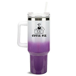 100 North Cutie Pie Cherry Slice Cartoon 40 oz. Stainless Steel, Large Water Bottle Coffee Mug, Spill & Leak Resistant, Thermal Travel Tumbler with Handle, Lid & Straw, White & Purple
