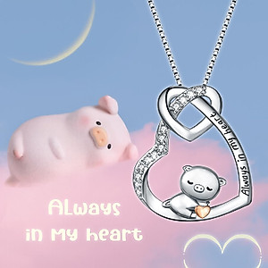 ABBGIABBW Pig Necklace 925 Sterling Silver Cute Pet Pig Heart Pendant Necklace Animal Jewelry Birthday Gift for Women